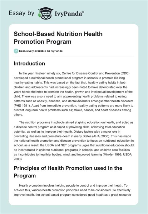 School Based Nutrition Health Promotion Program 1144 Words Essay