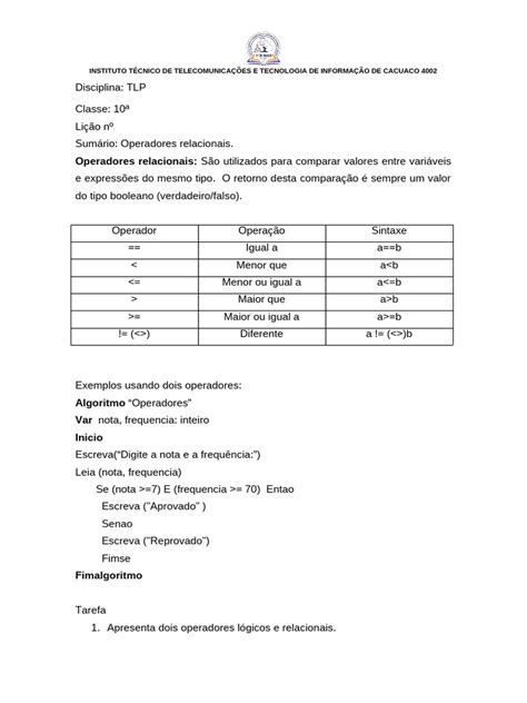 Operadores Relacionais Pdf