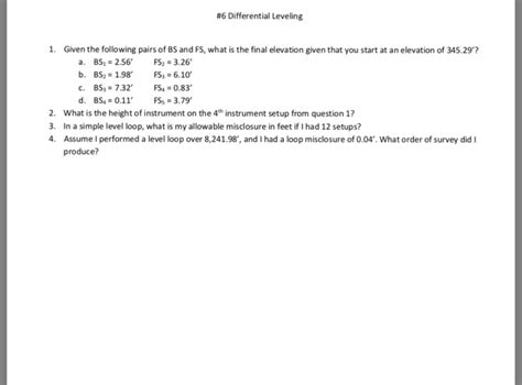 Solved 6 Differential Leveling 1 Given The Following Pairs Chegg Com