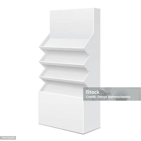 흰색 배경에 고립 된 선반 제품 슈퍼마켓 빈 빈 디스플레이 대 한 화이트 마분지 바닥 디스플레이 랙 디자인을 위한 준비 제품 포장 벡터 Eps10 3차원 형태에 대한 스톡