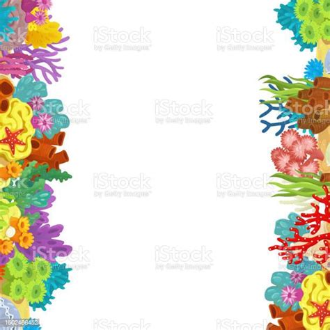 산호초 정원이 있는 만화 장면은 어린이를 위한 텍스트 삽화를 위한 격리된 요소 프레임 테두리입니다 갑각류에 대한 스톡 벡터 아트 및 기타 이미지 Istock