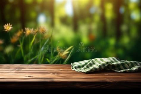 Copy Space On Wooden Floor Backdrop Of Blurred Green Grass Stock