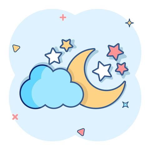 Vector Cartoon Moon And Stars With Clods Icon In Comic Style Nighttime