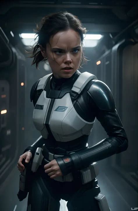 A Close Up Action Of Epic Sci Fi Hot Daisy Ridley In A Sci Fi Tech Suit Clothes Fight Detailed
