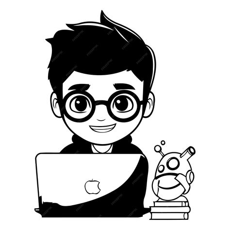 Caracteres De Dibujos Animados De Chicos Lindos Con Portátil Y