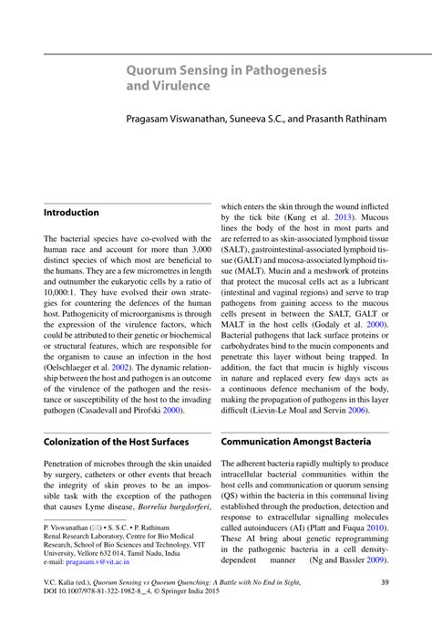 Pdf Quorum Sensing In Pathogenesis And Virulence