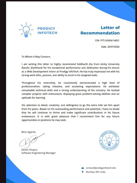 Siddharth Jha On Linkedin Letterofrecommendation Careermilestone Prodigyinfotech Webdevelopment