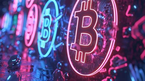 Glowing Neon Bitcoin Sign On Circuit Board Modern Cryptocurrency