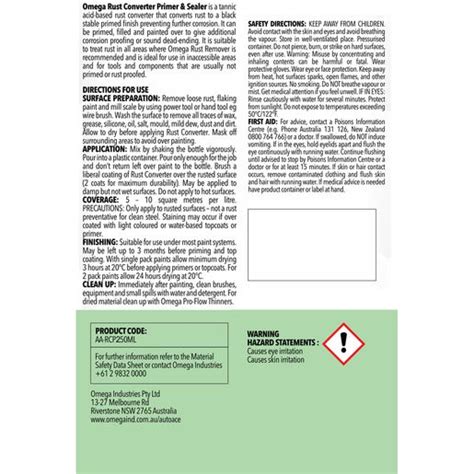 Omega Rust Converter Primer Sealer 250ml Aa Rcp250ml Omega Industries Repco Australia