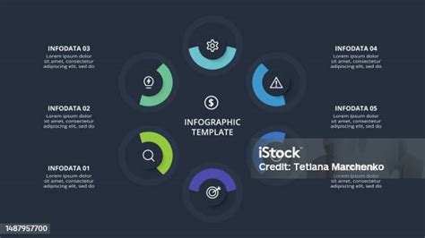 6단계 옵션 부품 또는 프로세스가 있는 인포그래픽에 대한 다이어그램 개념입니다 검은색 배경에 웹용 템플릿입니다 0명에 대한 스톡