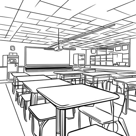 A Black And White Drawing Of A Classroom With Tables And Chairs