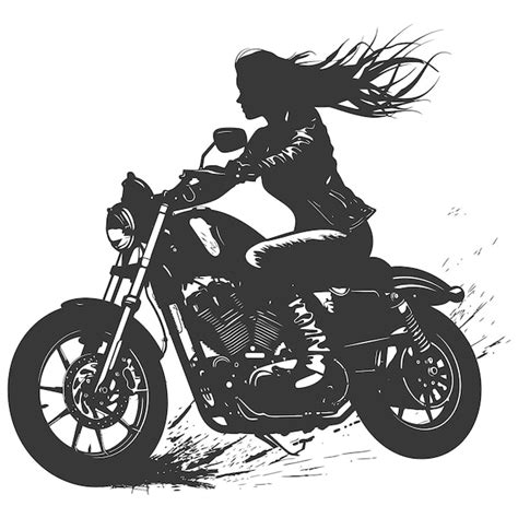 Premium Vector Woman Riding Motorcycle With Engraving Style Black