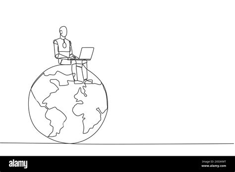 Continuous One Line Drawing Robotic Artificial Intelligence Sitting On Giant Globe Typing Laptop