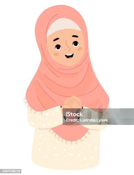 히잡을 쓴 귀여운 이슬람 소녀 아이 축제 행복 무슬림 민족 캐릭터 아이 만화 평면 스타일의 벡터 일러스트 레이 션 머리 스카프에
