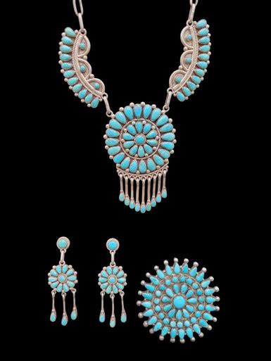 Vintage Turquoise Cluster Necklace With Earrings And Pin