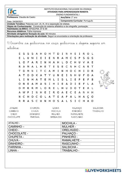 Caça palavras ch nh e lh worksheet Forgot My Password babe Subjects Online Workouts Google