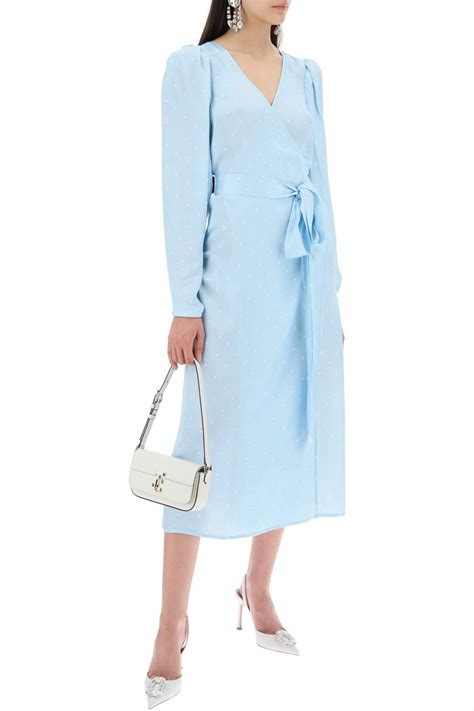 Rotate Polka Dot Midi Wrap Dress With Pockets Light Blue Rotate