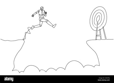 Single Continuous Line Drawing Robot Jumping Over Cliff To Reach Target Robotic Artificial