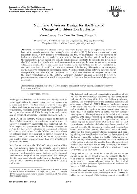 Pdf Nonlinear Observer Design For The State Of Charge Of Lithium Ion Batteries