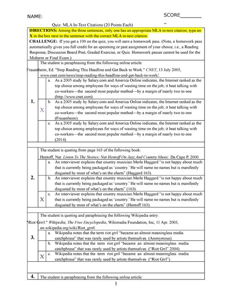 Quiz MLA In Text Citations NAME Quiz MLA In Text Citations Points Each DIRECTIONS