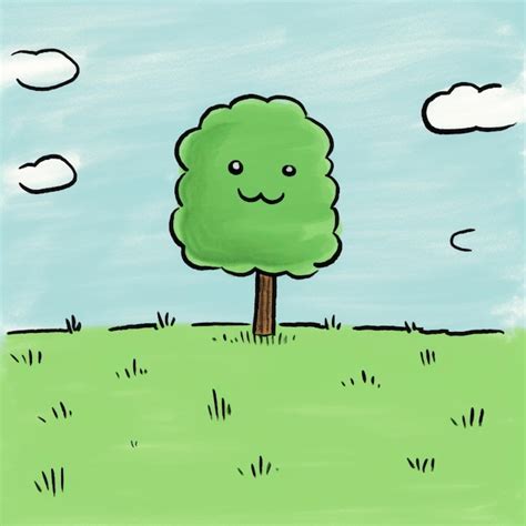 Premium Photo Cartoon Drawing Of A Tree With A Smiley Face In A Grassy Field Generative Ai
