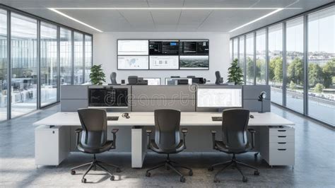 Modern Tech Workspace Sleek Desks Ergonomic Chairs And High Tech Monitors For Enhanced