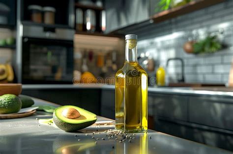 Avocado Oil In A Bottle Stands Next To An Avacado Fruit On The Table Against The Backdrop Of A
