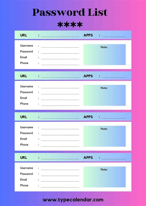 Free Printable Password List Templates Excel Pdf Alphabetical
