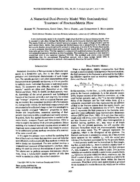 Pdf A Numerical Dual Porosity Model With Semianalytical Treatment Of Fracture Matrix Flow