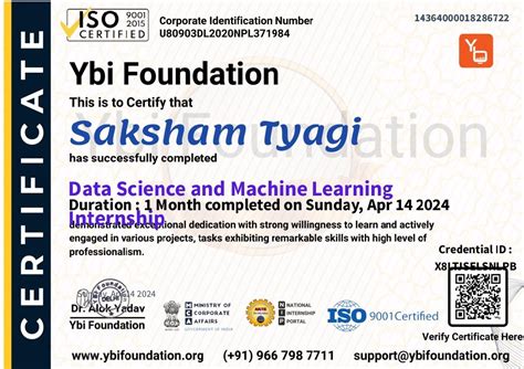 Completed Data Science And Machine Learning Internship At Ybi Foundation Saksham Tyagi Posted On