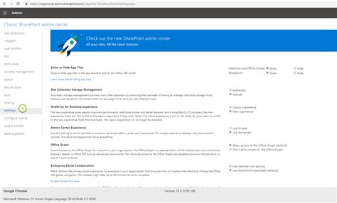 Default Settings Available For Online From Sharepoint Online Admin Center