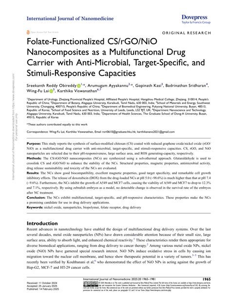 Pdf Folate Functionalized Cs Rgo Nio Nanocomposites As A Multifunctional Drug Carrier With