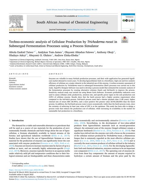 Pdf Techno Economic Analysis Of Cellulase Production By Trichoderma Reesei In Submerged
