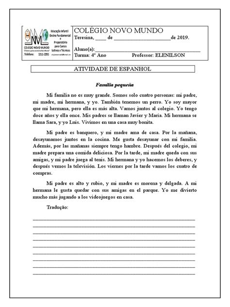 Atividade De Espanhol 2019 4 Ano Pdf Ocio