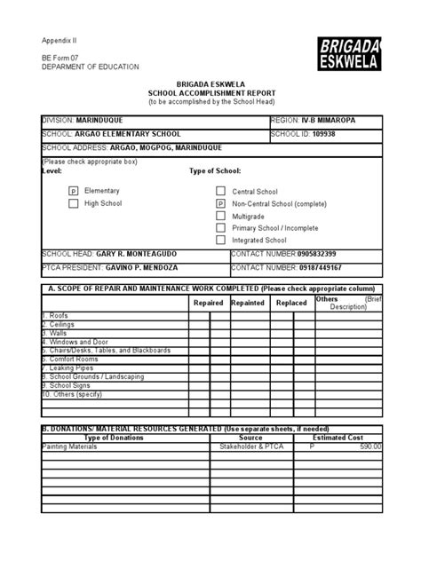 Brigada Eskwela Form 07 Pdf Desk Building Materials