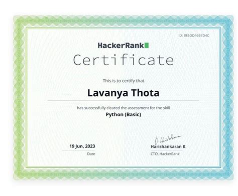 earned python basic certificate with hackerrank lavanya thota posted