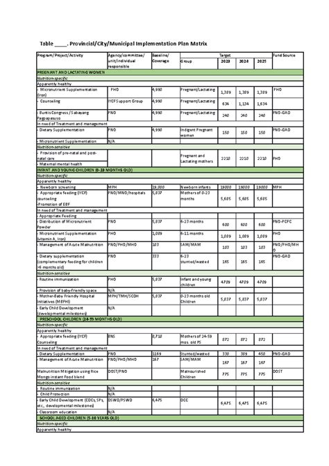 41 Matrix Implementation Plan Table Provincialcitymunicipal