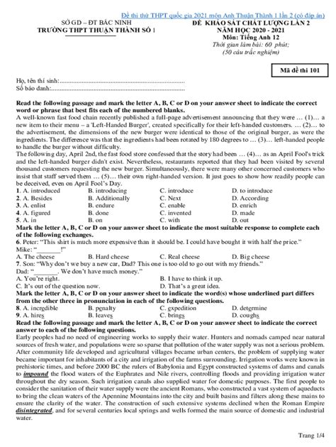 Fillable Online Thi Th THPT Quc Gia 2021 Mn Anh Thun Thnh 1 Ln 2 C P N P Nthi Th THPT Quc Gia