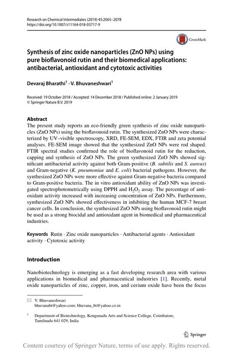 Synthesis Of Zinc Oxide Nanoparticles Zno Nps Using Pure Bioflavonoid Rutin And Their