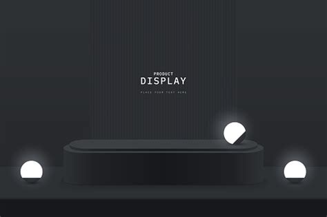 깨끗한 블랙 3d 원형 연단은 빛나는 원형 네온 램프와 수직 배경이 있는 책상 테이블 받침대에 사실적으로 배치됩니다 모형 제품을 위한 연단 장면 쇼케이스를 위한 무대 3d