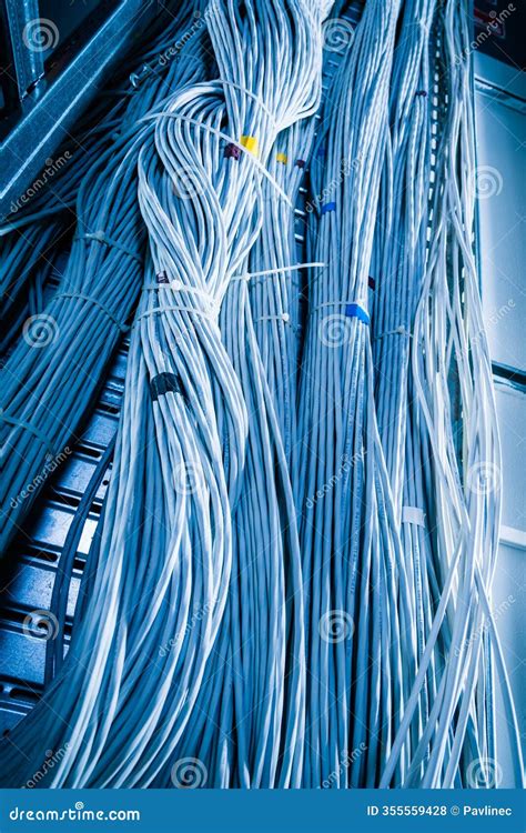 Bunch Of Network Cables In Wave Pattern Leading Across Server Ro Stock