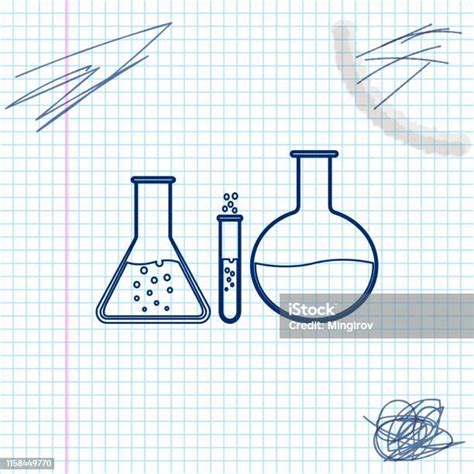 테스트 튜브 및 플라스크 흰색 배경에 격리 된 화학 실험실 테스트 라인 스케치 아이콘 실험실 유리 표지판 벡터 일러스트레이션 개발에 대한 스톡 벡터 아트 및 기타 이미지