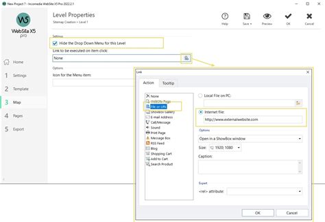 how to include a link to another website in the main menu website x5