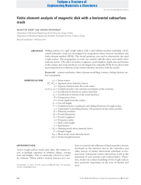 Pdf Finite Element Analysis Of Magnetic Disk With A Horizontal Subsurface Crack Hasan
