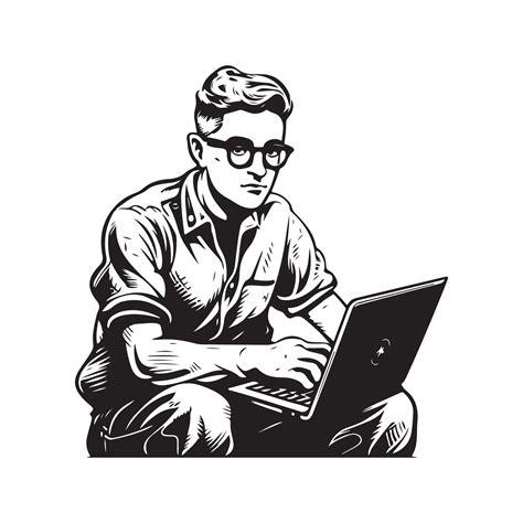 Nerd With Laptop Vintage Logo Line Art Concept Black And White Color