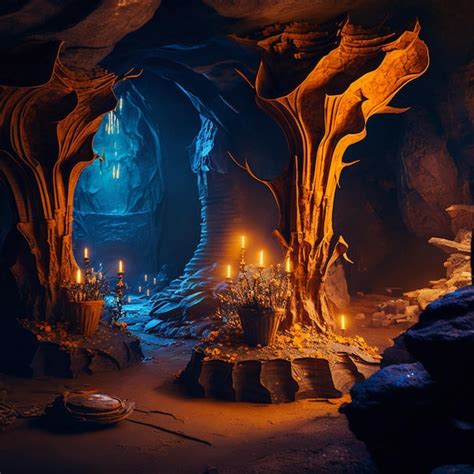 Premium Ai Image A Dark Cave With A Lit Up Tree And Candles