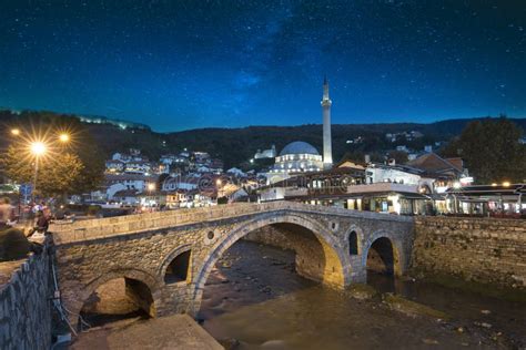 Old Stone Bridge And Old Ottoman Sinan Pasha Mosque In Prizren Kosovo