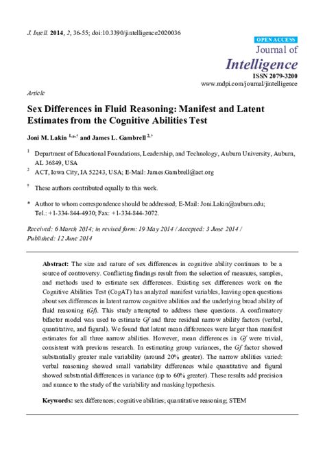 Pdf Sex Differences In Fluid Reasoning Manifest And Latent Estimates