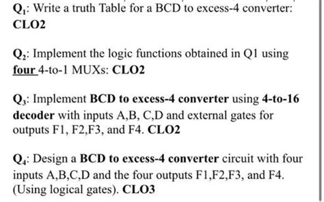 solved q write a truth table for a bcd to excess 4