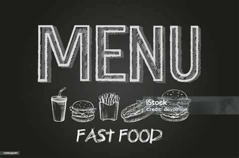 칠판 요소에 버거 메뉴 포스터 디자인 레이아웃 배너 웹 디자인 브로슈어 서식 파일에 사용할 수 있습니다 벡터 일러스트입니다 감자 요리에 대한 스톡 벡터 아트 및 기타 이미지